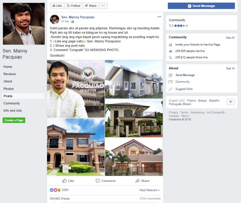 Fake ‘Manny Pacquiao’ Facebook Page Promising 60 Free Houses Goes Viral ... Fake ‘Manny Pacquiao’ Facebook Page Promising 60 Free Houses Goes Viral ...