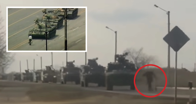 Ukrainians filmed attempting to block Russian tanks sparks comparisons ...