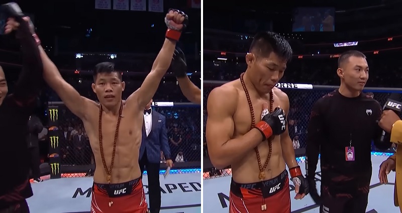 UFC fighter's Chinese flag snatched away during in-ring victory ...