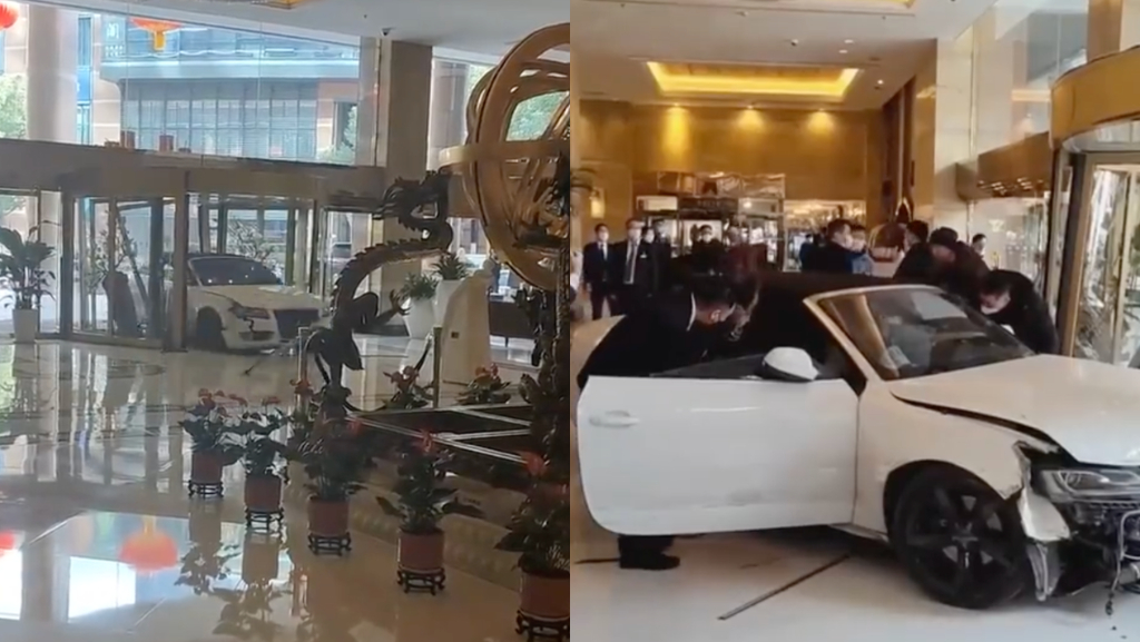 Video: Angry guest rams car through hotel lobby in China | NextShark.com