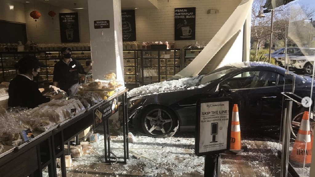 Woman drives car into 85 Degrees Bakery Café in Irvine, California