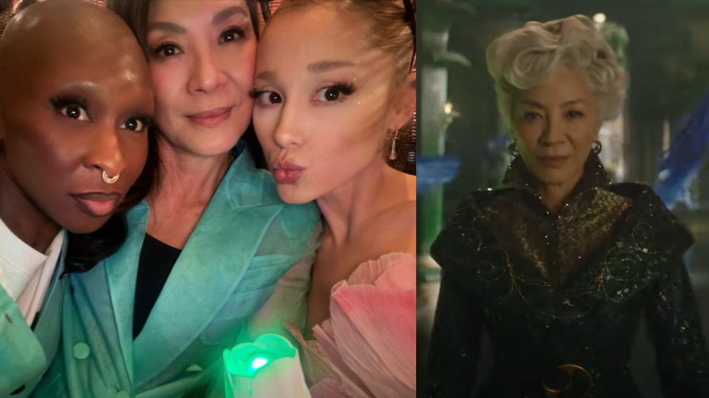 Michelle Yeoh teases upcoming ‘Wicked’ in striking blue suit at CinemaCon